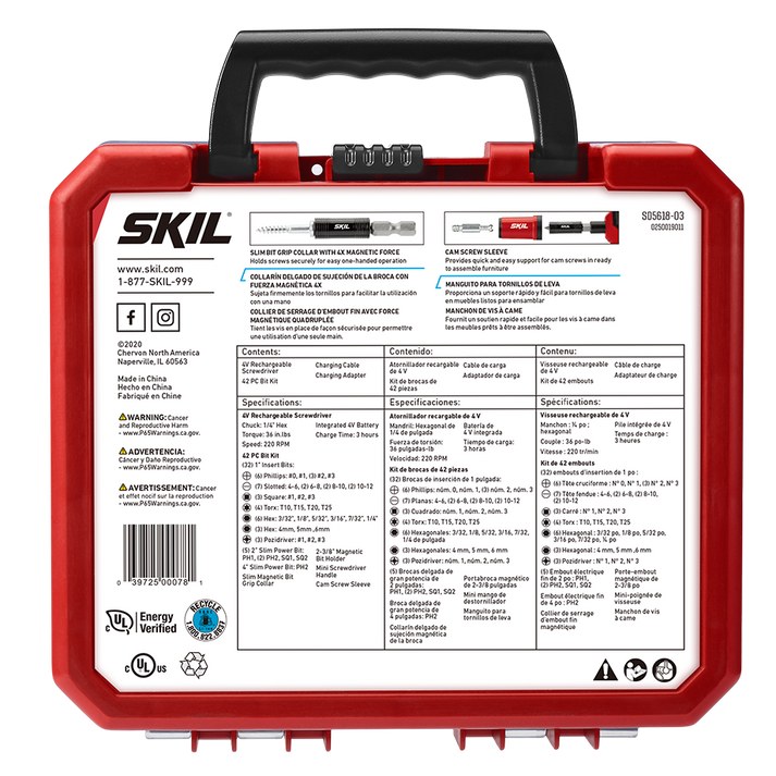 SKIL 4V Cordless Screwdriver with 42PC Bit Set, Rechargeable Lithium ...